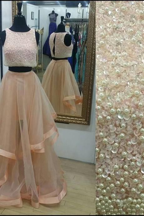 A Line Scoop Sweep Train Light Pink Tulle Prom Dress With Lace Beading