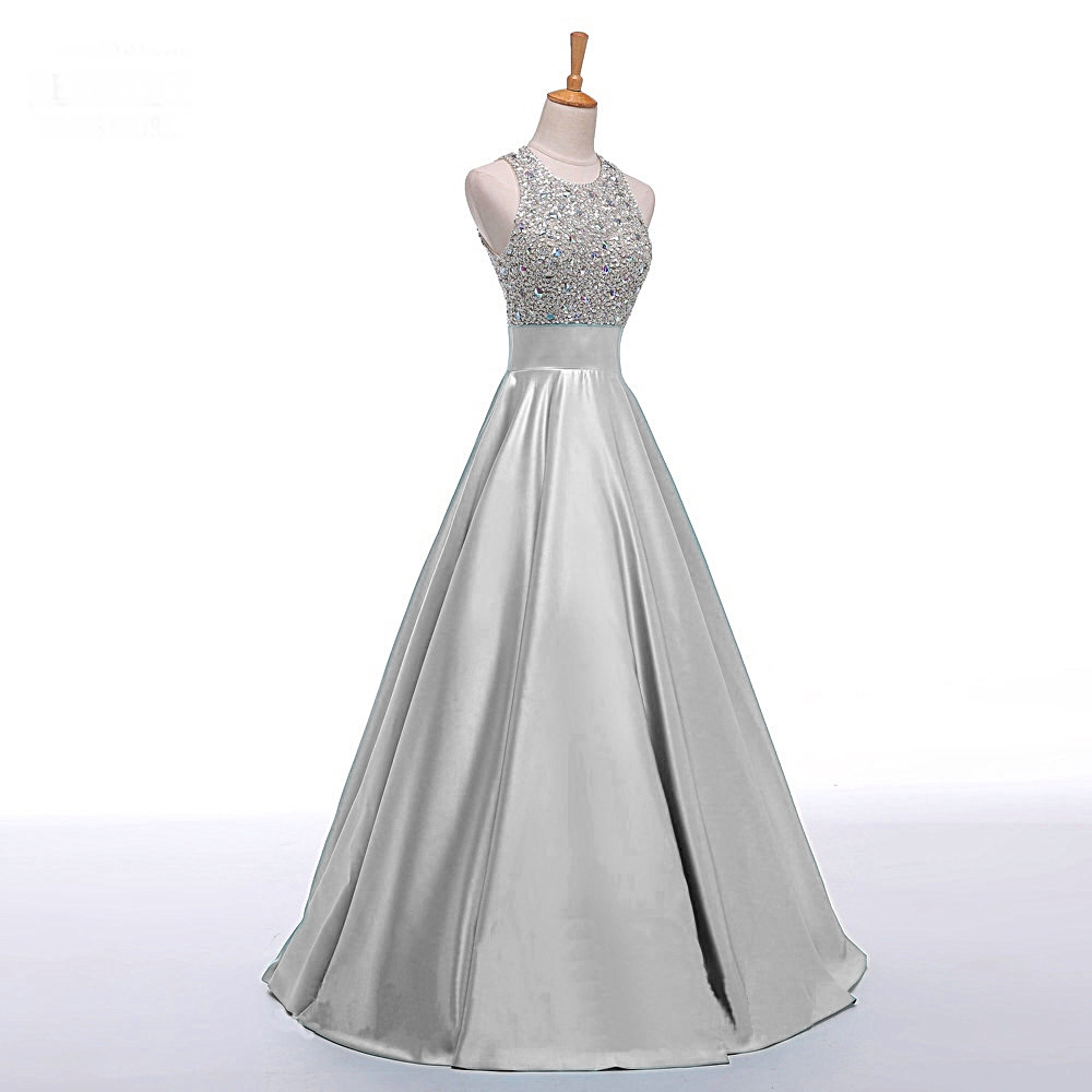 Prom Dresses, Bateau Prom Gowns, Long Satin Prom Dresses, Silver Prom ...